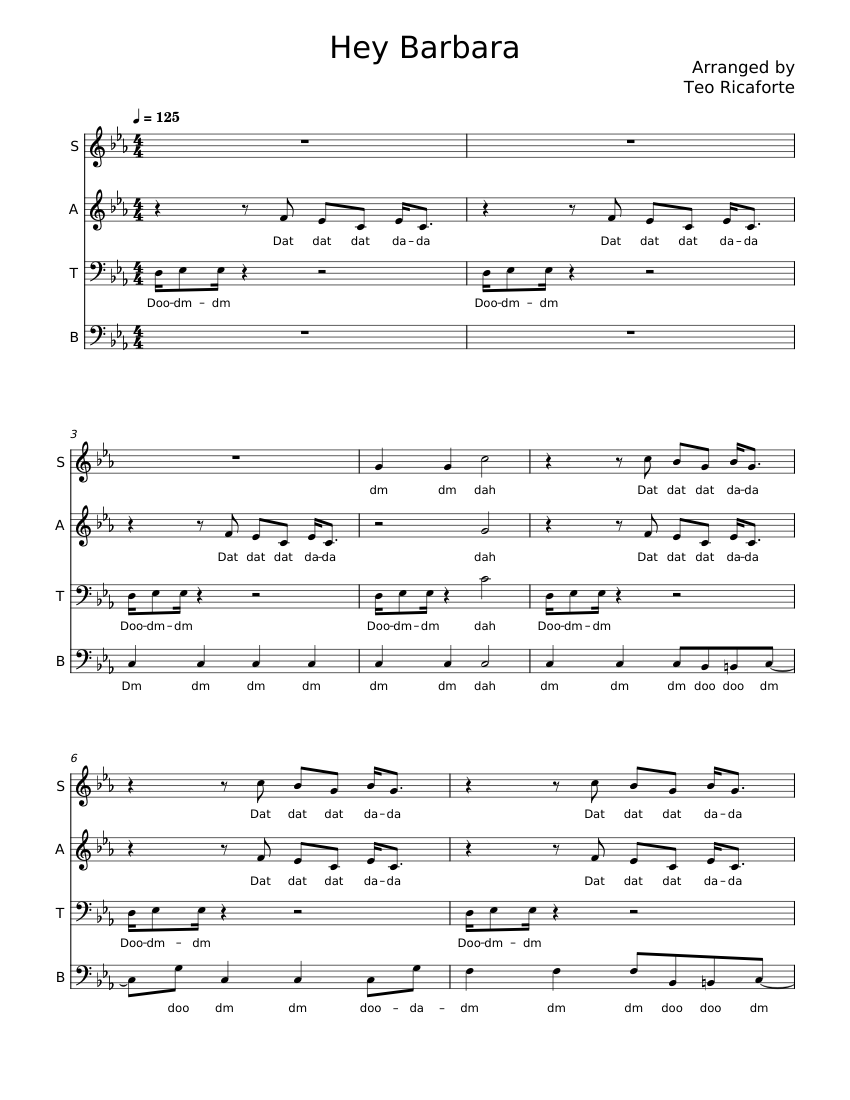 Hey barbara - IV Of Spades Sheet Music for Soprano, Alto, Tenor, Bass ...