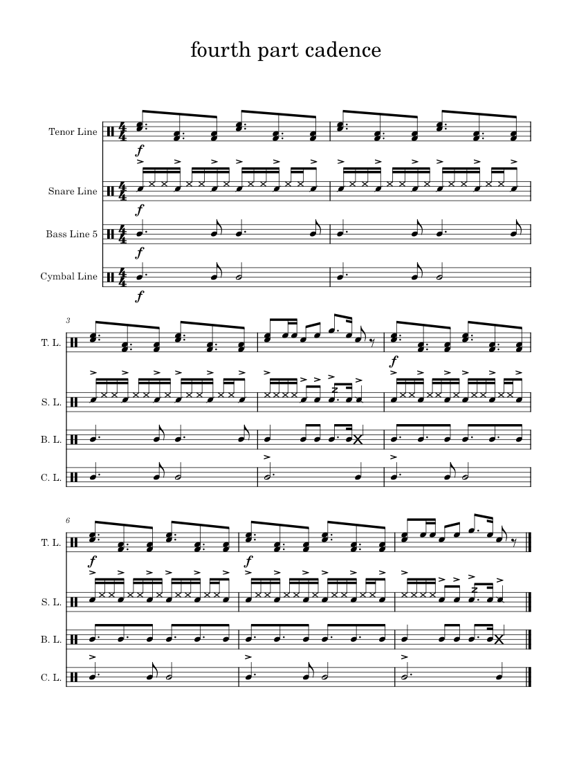 fourth part cadence Sheet music for Snare drum, Crash, Tenor drum, Bass ...