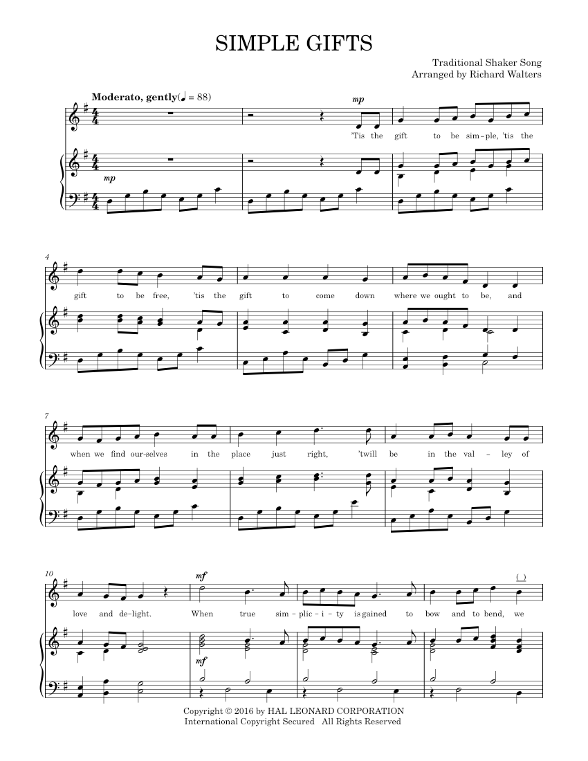 Simple Gifts Sheet music for Piano, Vocals by Misc tunes: Music Notes ...