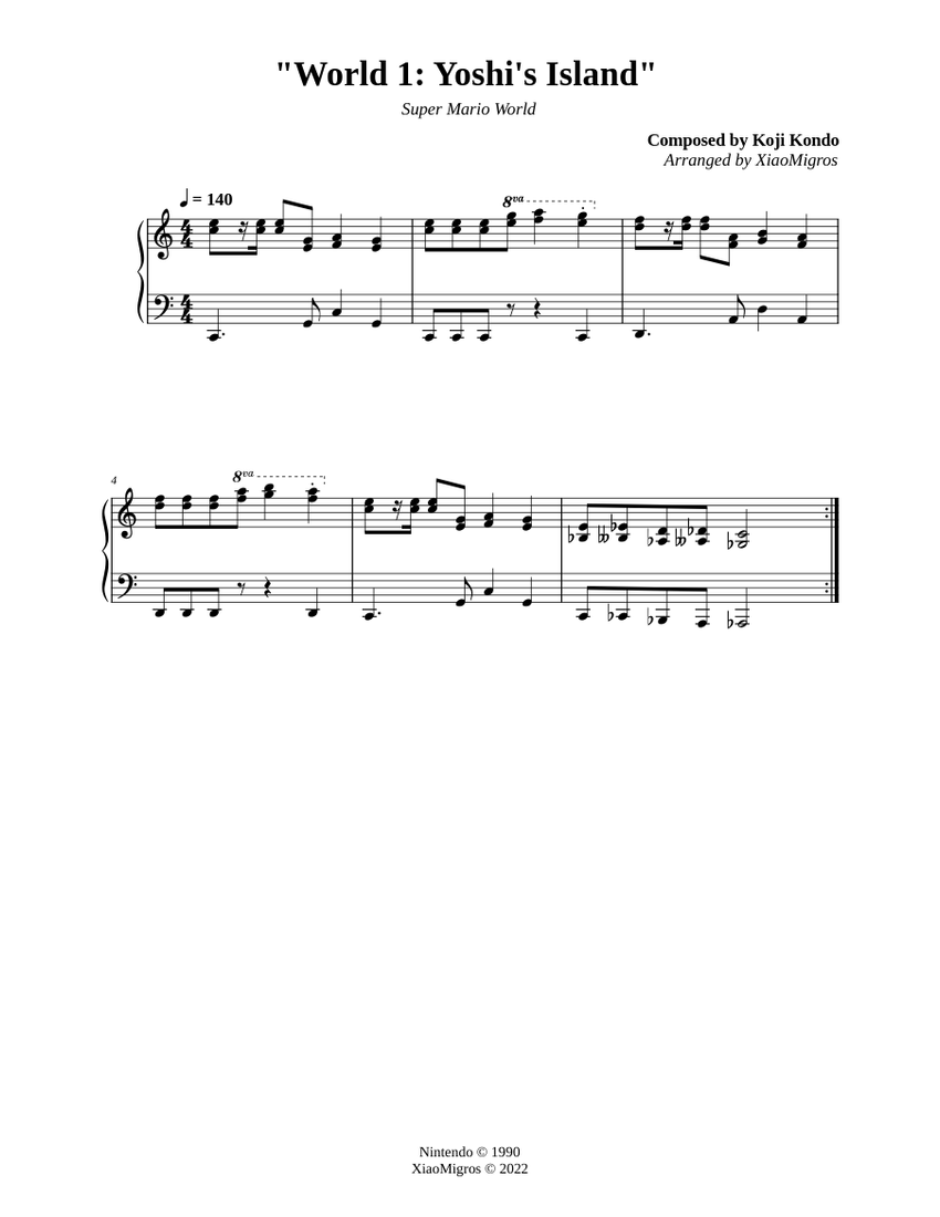 World 1: Yoshi's Island - Super Mario World Sheet music for Piano (Solo ...