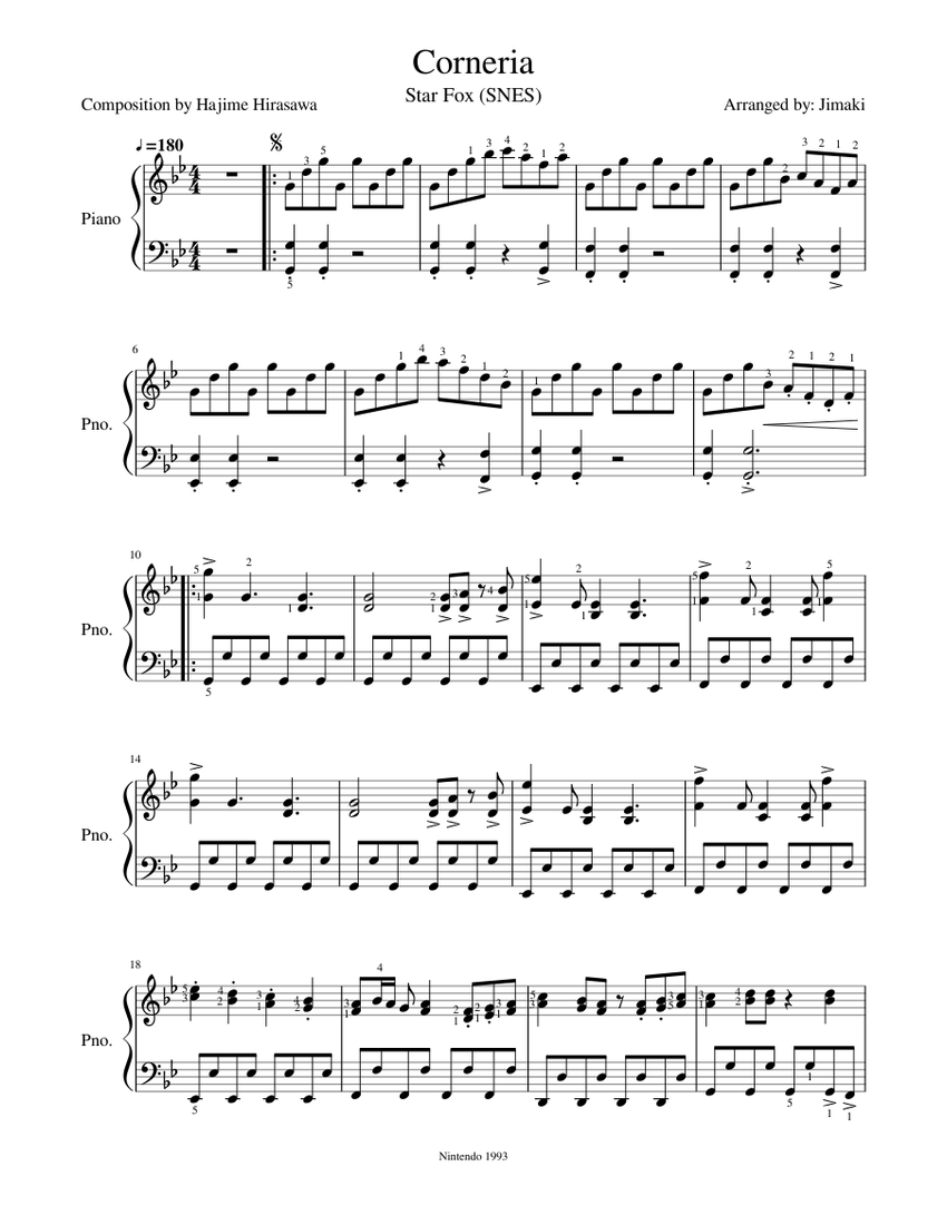 Corneria (Star Fox:SNES) Sheet music for Piano, Drum group (Mixed Duet ...
