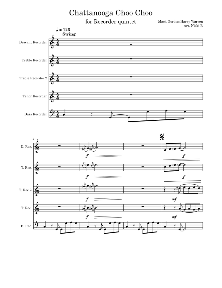 Chatanooga Choo Choo Sheet music for Recorder (Woodwind Quintet ...