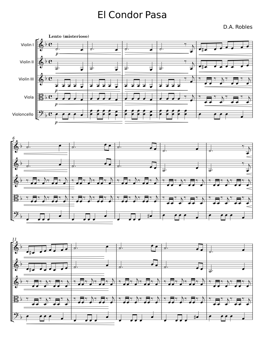 El Condor Pasa Sheet Music for Violin, Viola, Cello (Mixed Quintet ...