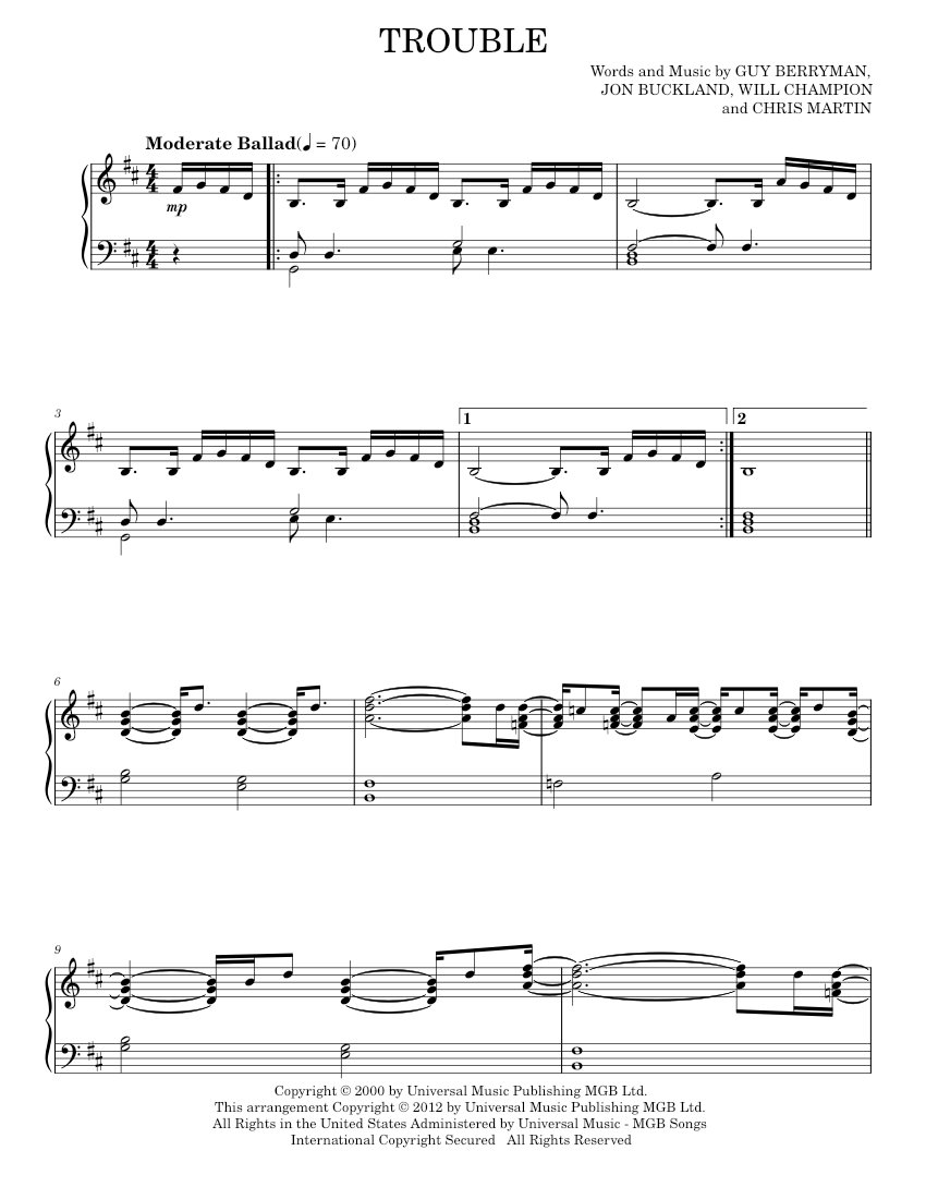 trouble Sheet music for Piano by Coldplay Official | MuseScore.com
