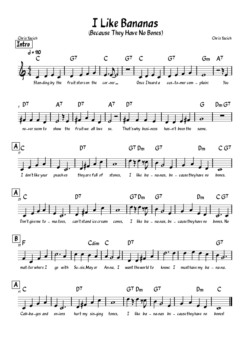 I Like Bananas (Because They Have No Bones) – Chris Yacich Sheet Music ...
