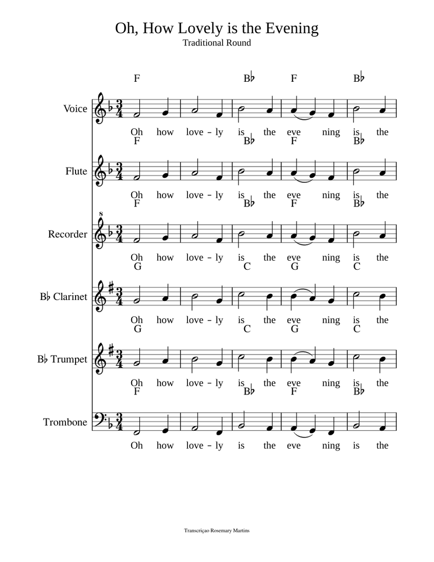 Oh, How Lovely is the Evening Sheet music for Trombone, Flute, Clarinet ...