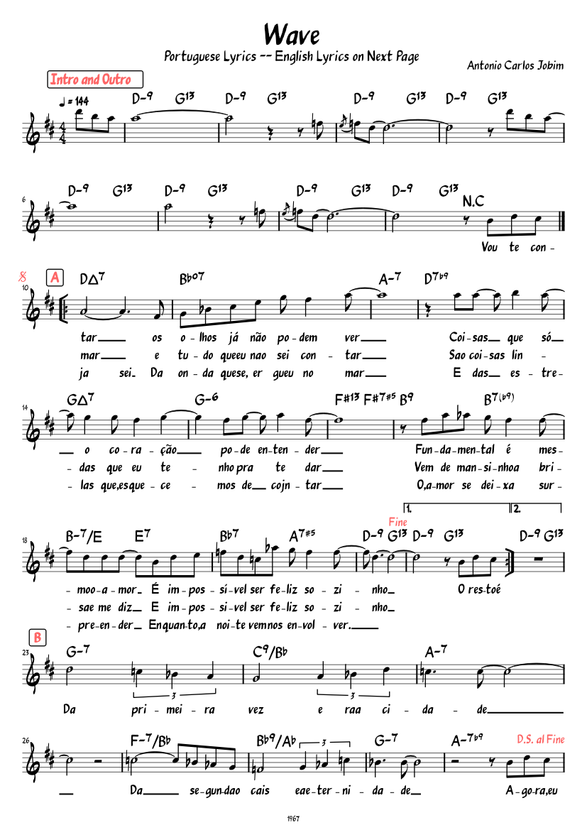 Wave (Lead Sheet with Lyrics in Portuguese and English ) Sheet music ...