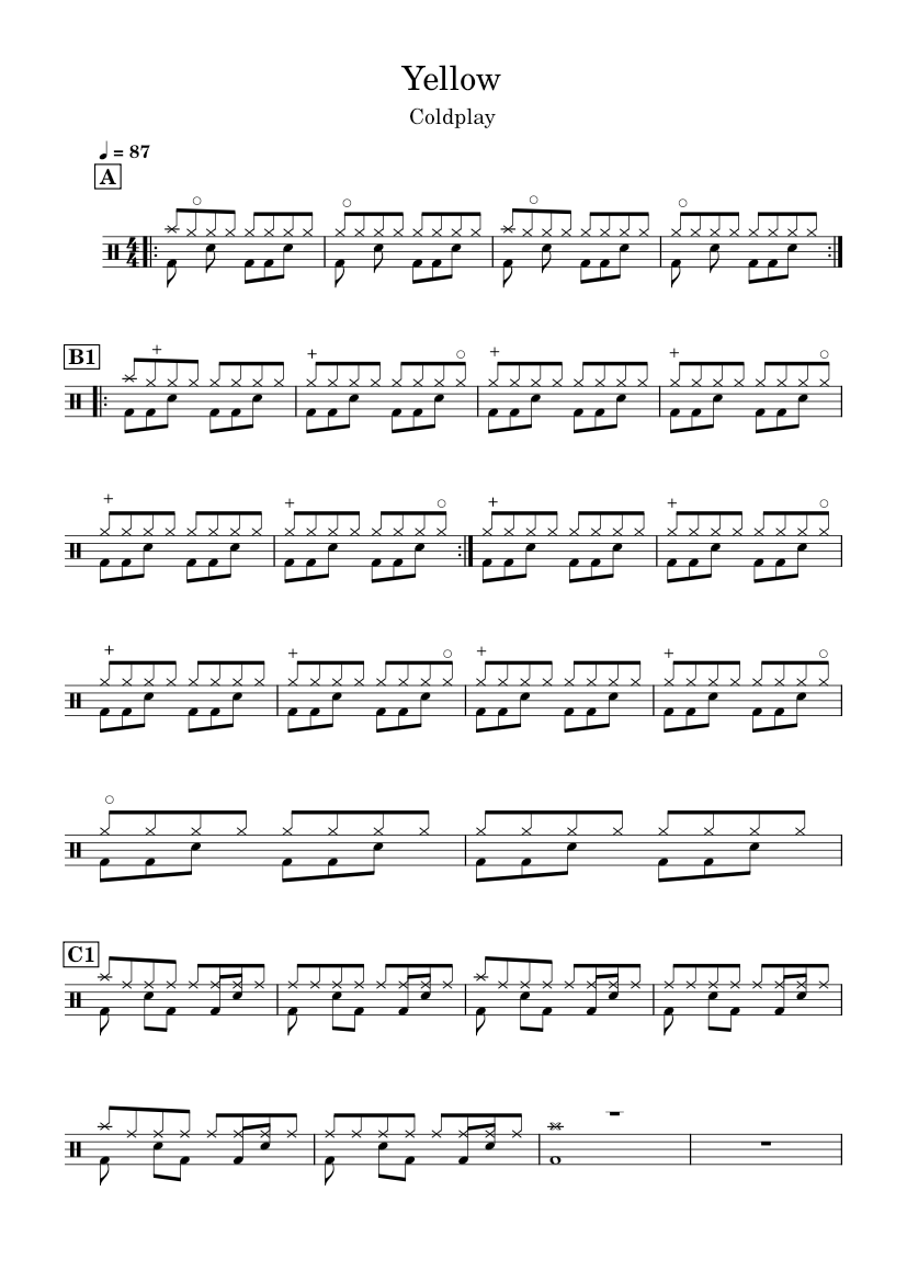 yellow Coldplay drum score Sheet Music for Drum group (Solo ...