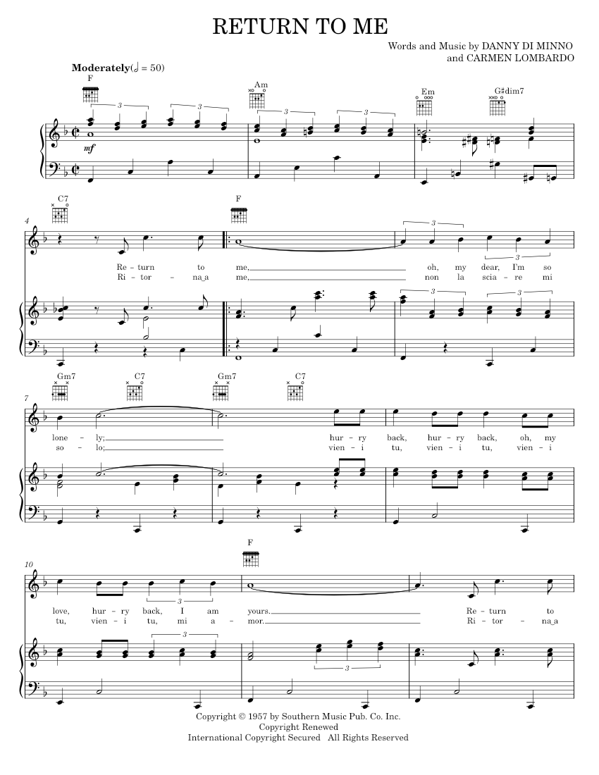 Play Official version of Return to me sheet music by Dean Martin for ...