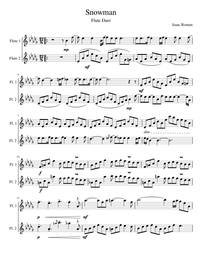 Snowman Flute Duo Sheet music for Flute (Woodwind Duet) | Musescore.com