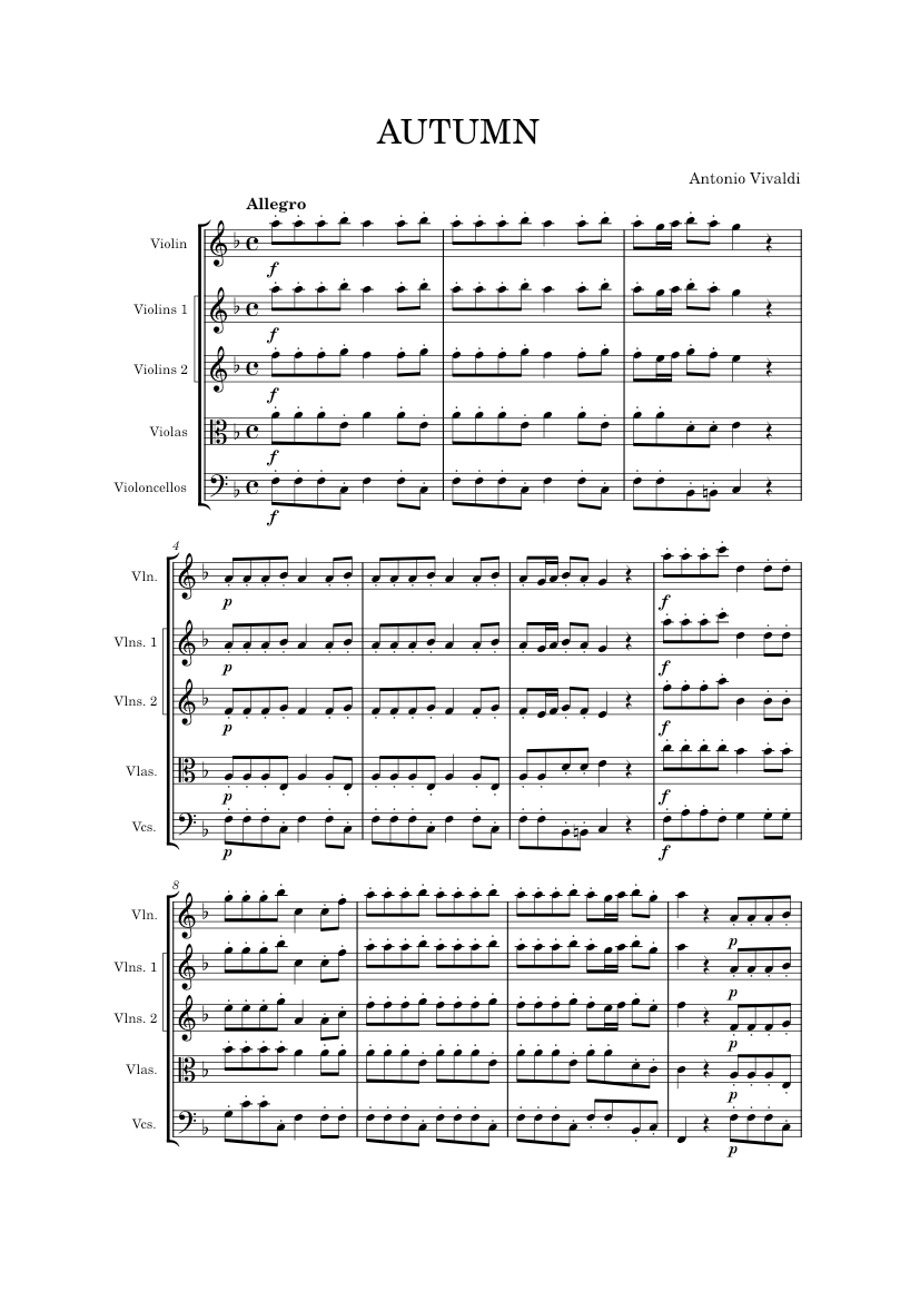 Vivaldi AUTUMN Sheet music for Violin, Strings group (String Quintet ...