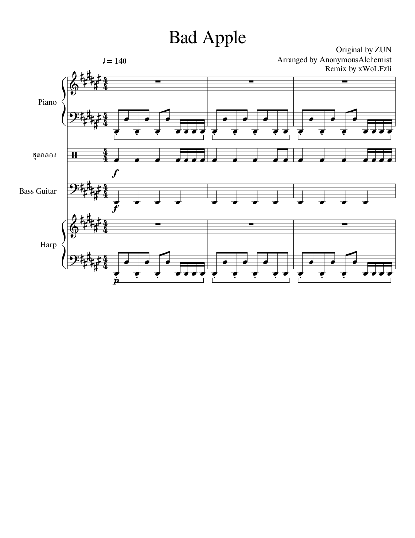 Bad Apple (xWoLFzli Remix) Sheet music for Piano, Bass guitar, Drum ...