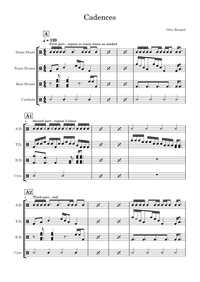 Cadences Sheet music for Snare drum, Crash, Tenor drum, Bass drum ...