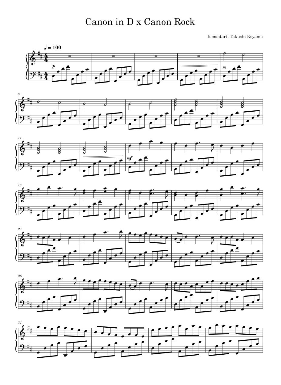 Canon in D x Canon Rock Sheet Music for Piano (Solo) | MuseScore.com