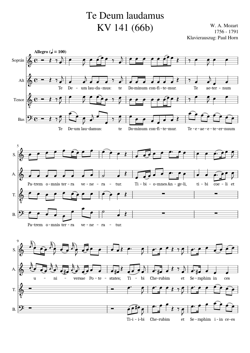 Te Deum Laudamus - KV141 (66b) – Wolfgang Amadeus Mozart Sheet Music for Soprano, Alto, Tenor ...