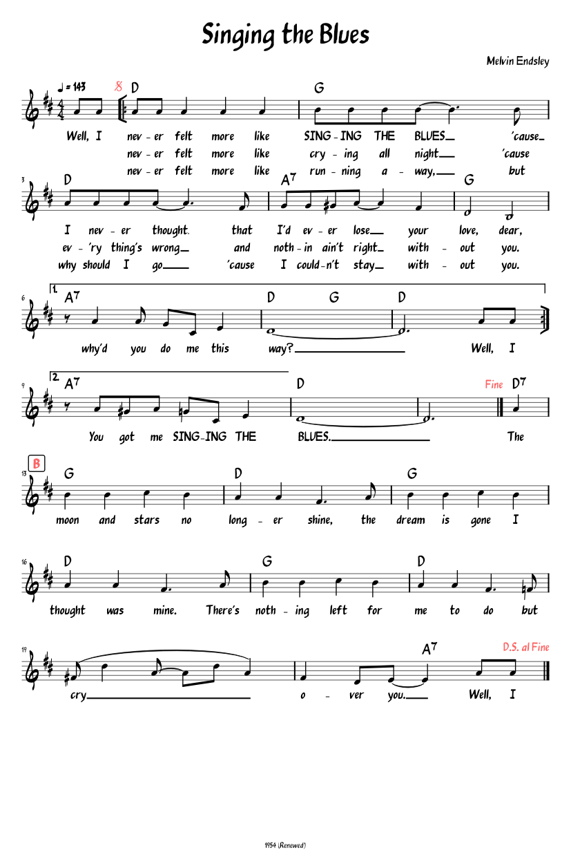 Singing The Blues (Lead sheet with lyrics ) Sheet Music with Chords for ...
