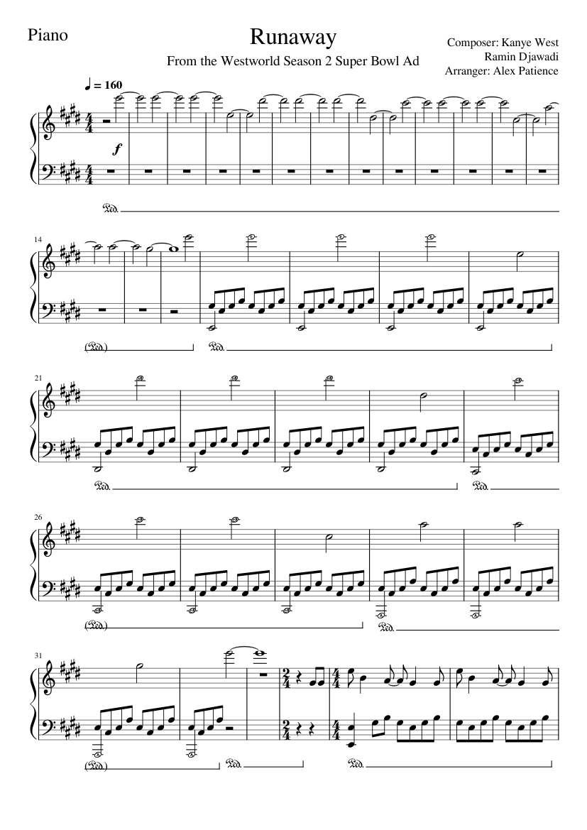 Runaway - Kanye West (Ramin Djawadi) Arr. by Alex Patience Sheet Music ...