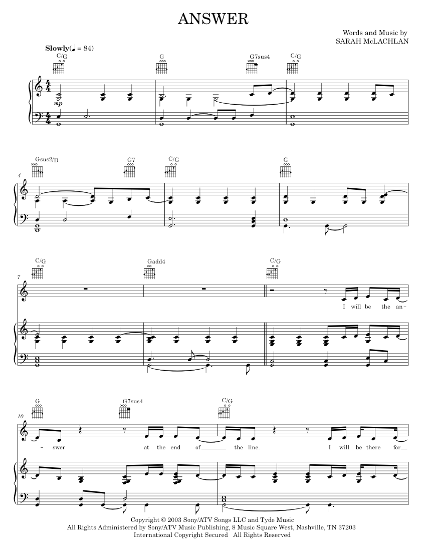 answer Sheet music for Piano, Vocals by Sarah McLachlan Official | MuseScore.com