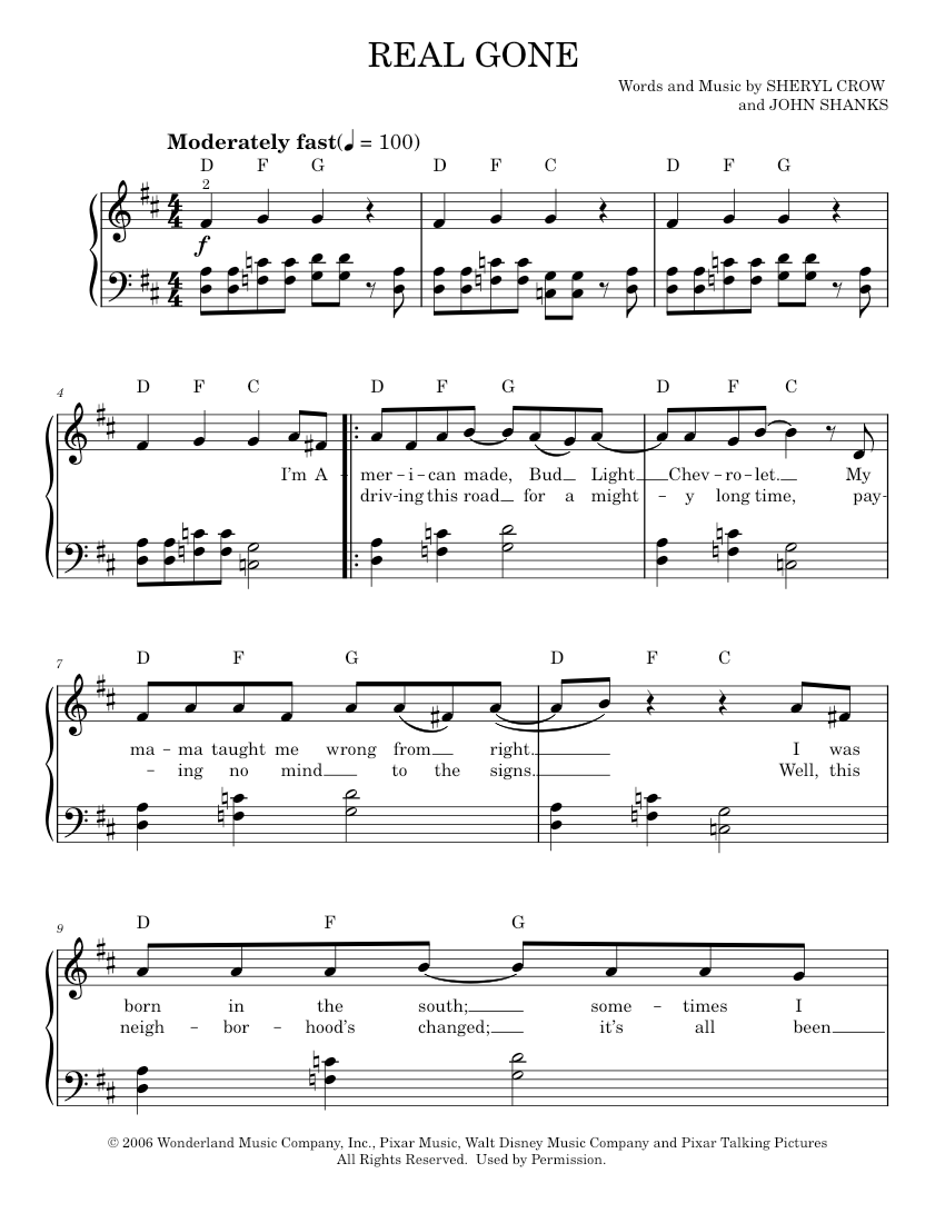 Real Gone (from Cars) Sheet music for Piano by Sheryl Crow Official ...