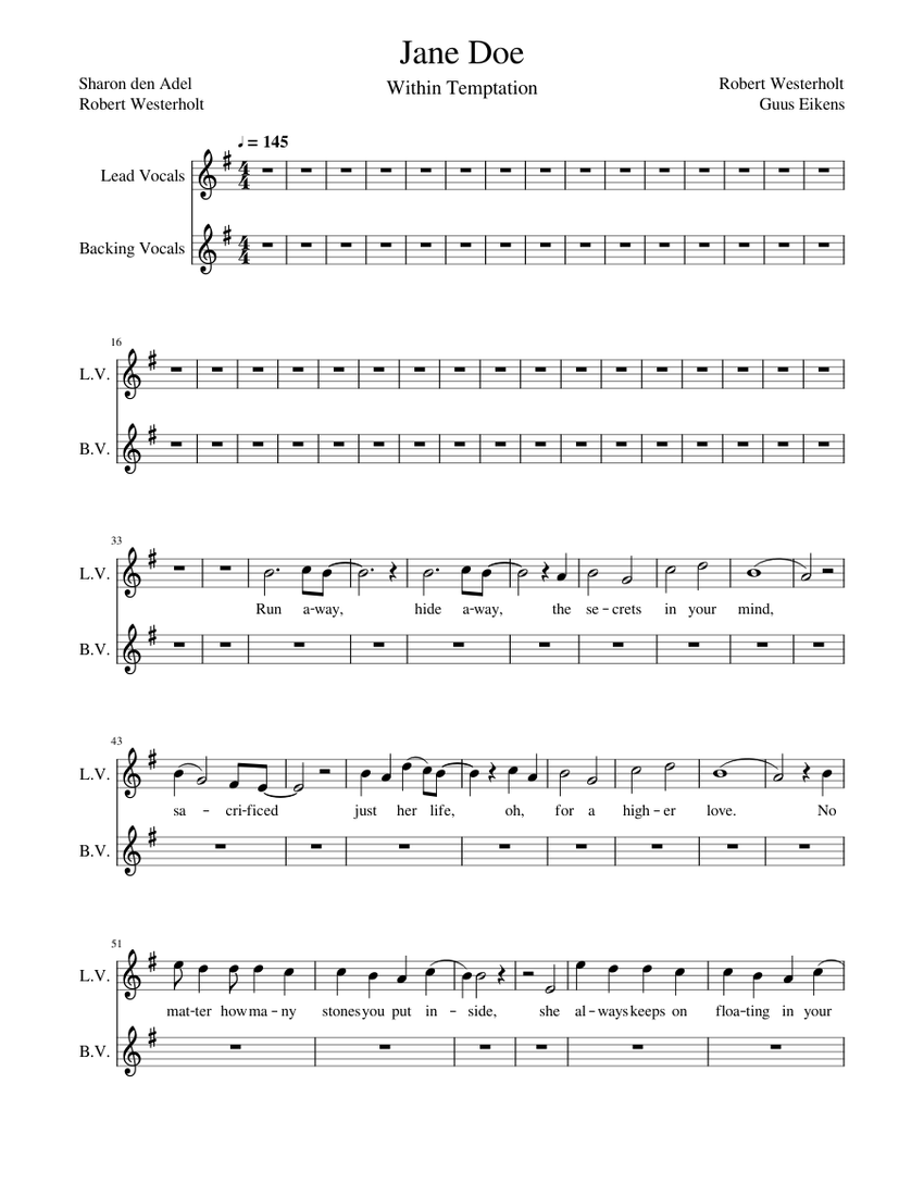 Jane Doe Within Temptation Sheet Music For Vocals A Capella