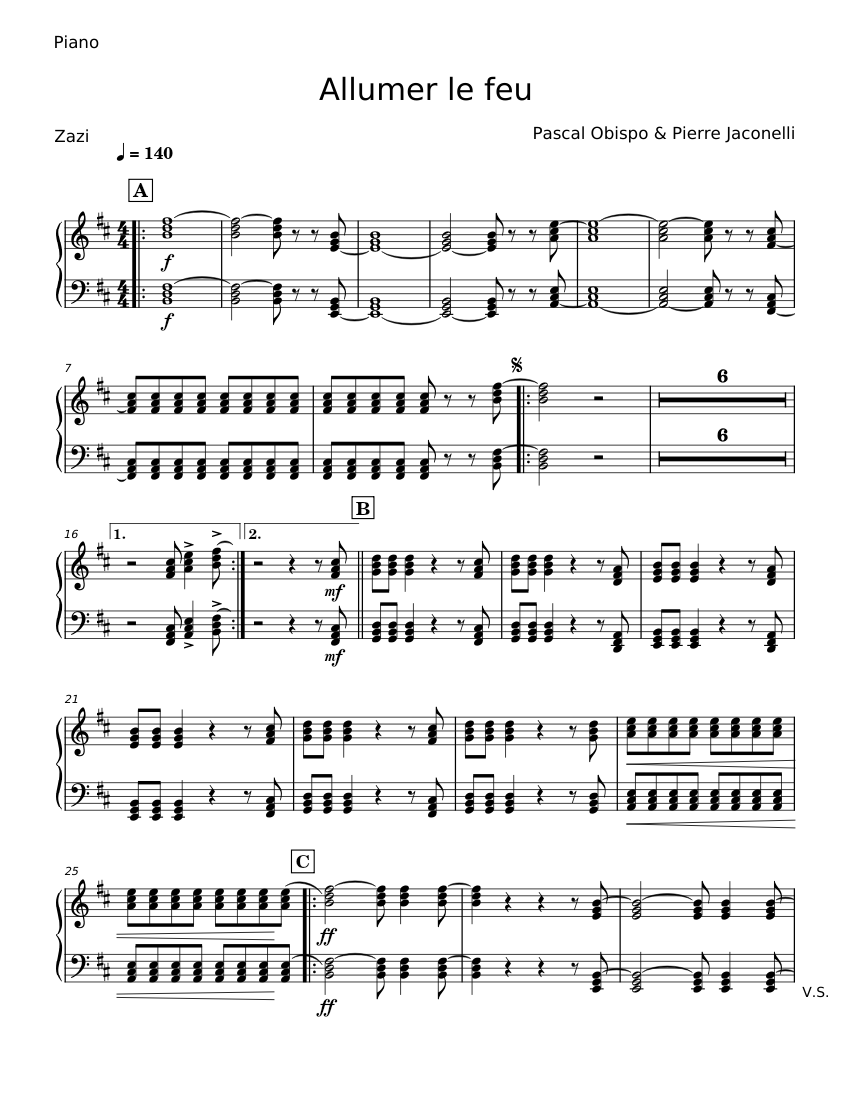 Allumer Le Feu Johnny Hallyday Sheet Music For Piano Piano Duo Allumer Le Feu Johnny Hallyday Sheet Music For Piano Piano Duo