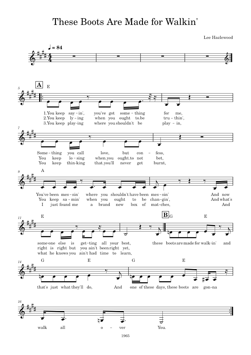 These boots are made for walkin – Nancy Sinatra tune with lyrics Sheet ...