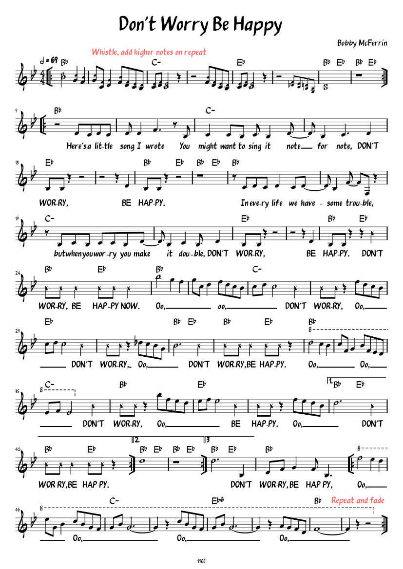 Don't Worry Be Happy (Lead sheet with lyrics ) Sheet Music with Chords ...