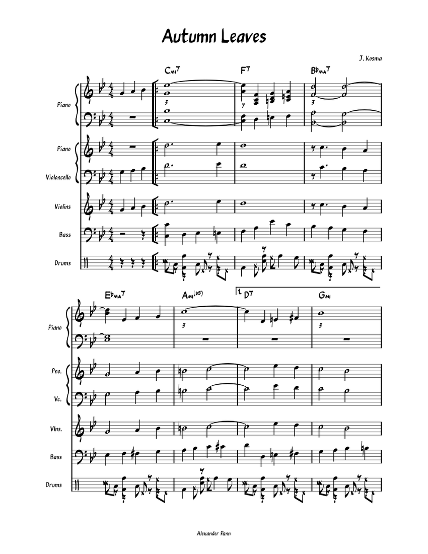 Autumn leaves (unfinished) Sheet music for Piano, Cello, Bass guitar ...