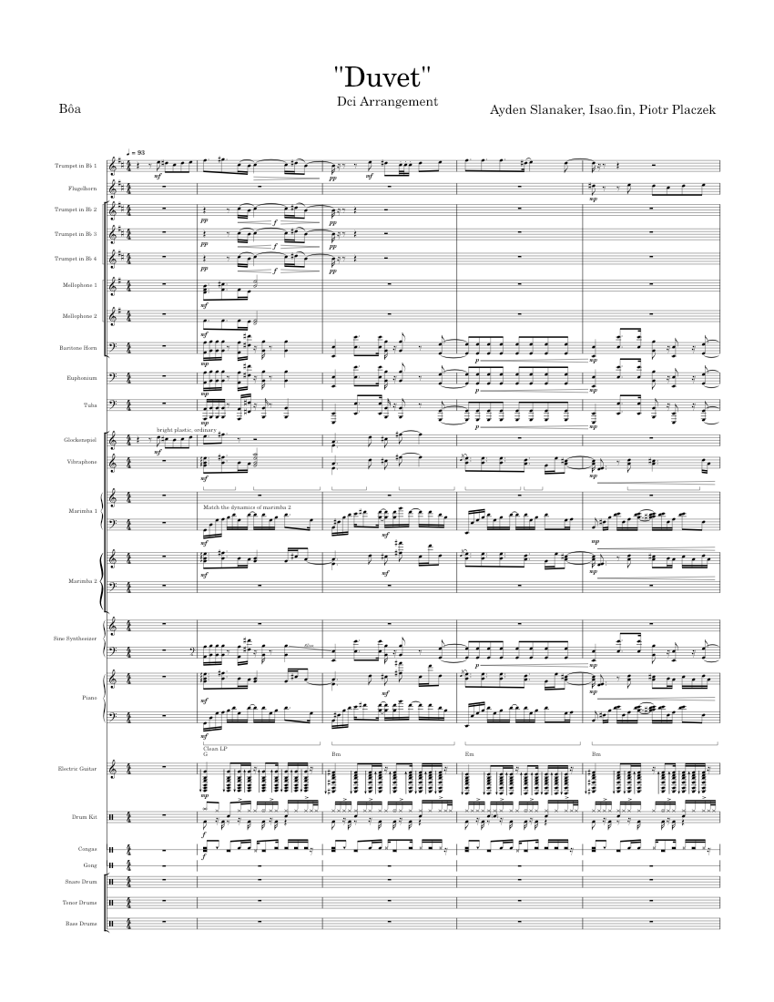 Duvet – BoA - DCI Arrangement Sheet Music with Chords for Piano, Tuba ...