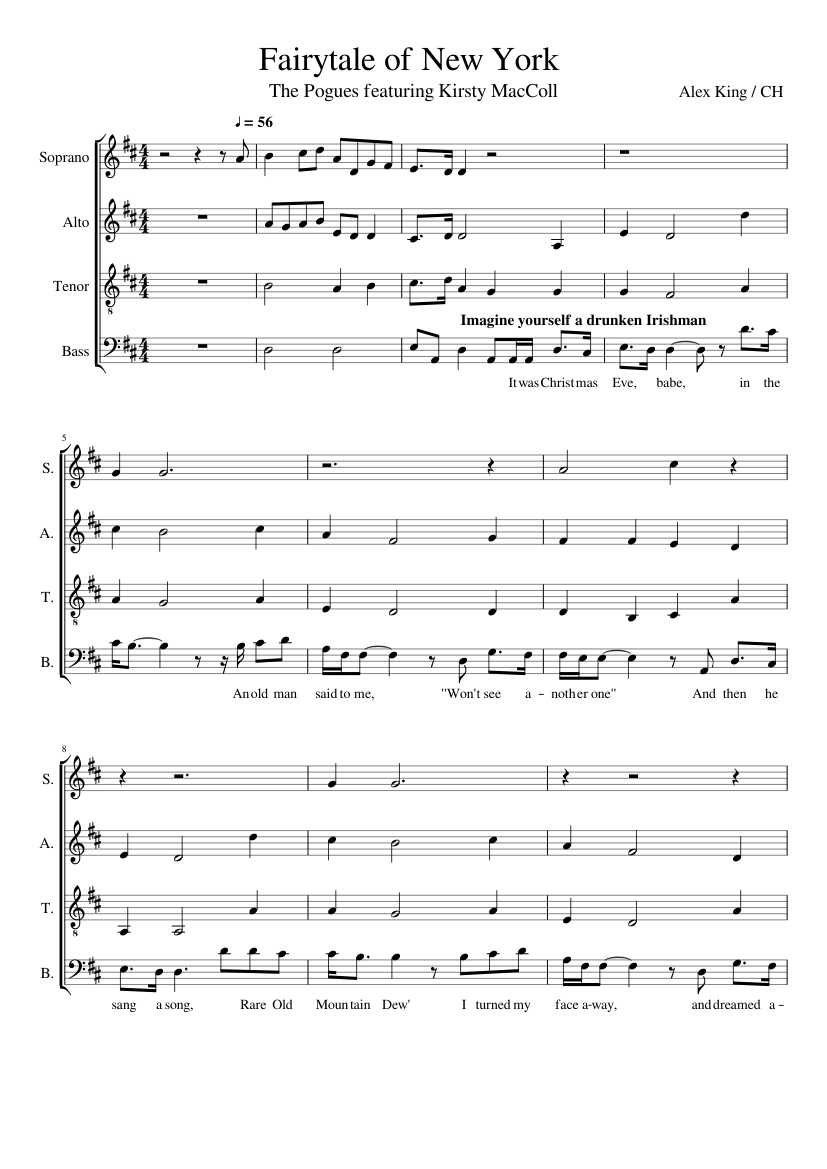 Fairytale of New York Sheet Music for Soprano, Alto, Tenor, Bass voice ...