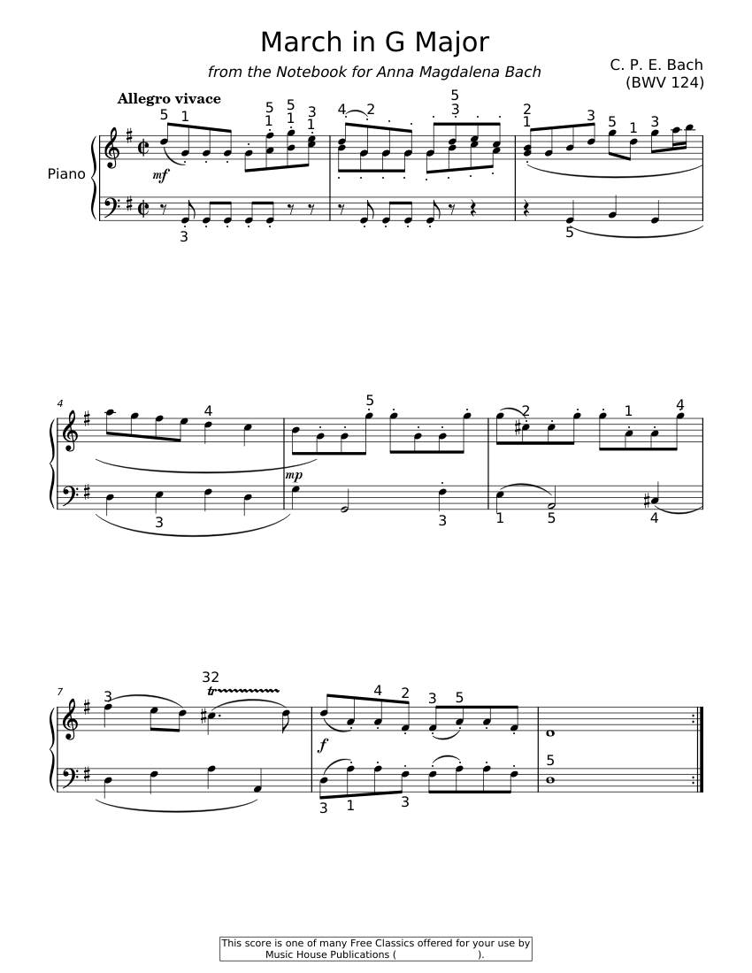 March in G major - Johann Sebastian Bach Sheet music for Piano (Piano ...