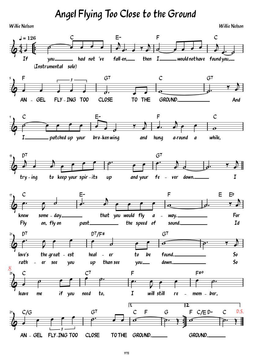 Angels Flying Too Close to the Ground (Lead sheet with lyrics ) Sheet ...