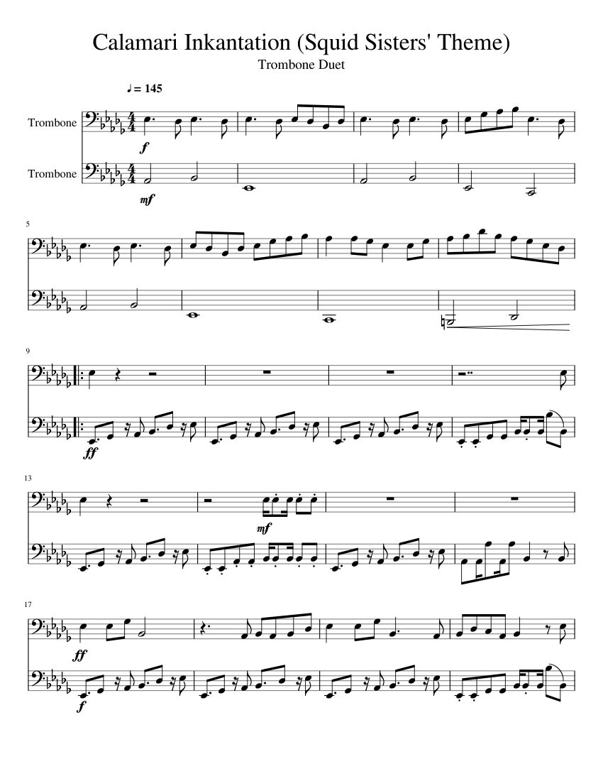 Calamari Inkantation: Squid Sisters' Theme - Trombone Duet Sheet music ...