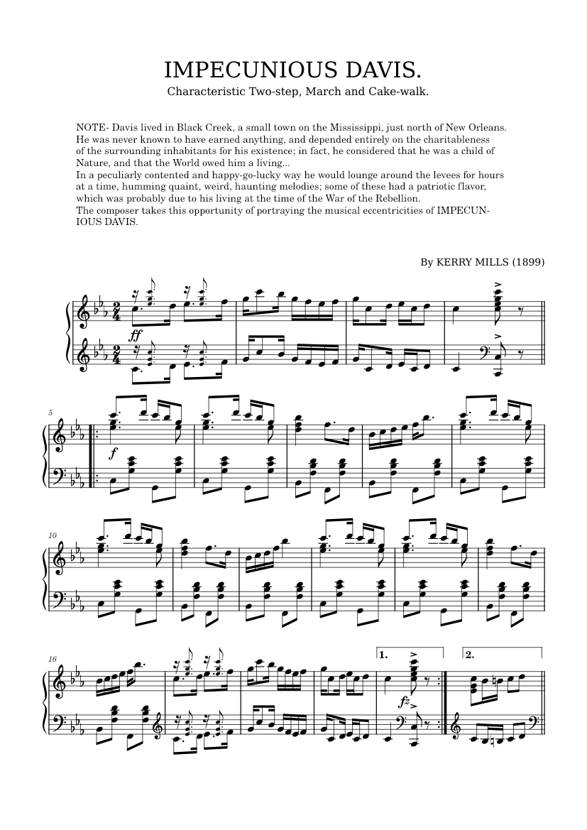 Impecunious Davis by Kerry Mills (1899) Sheet music for Piano (Solo ...