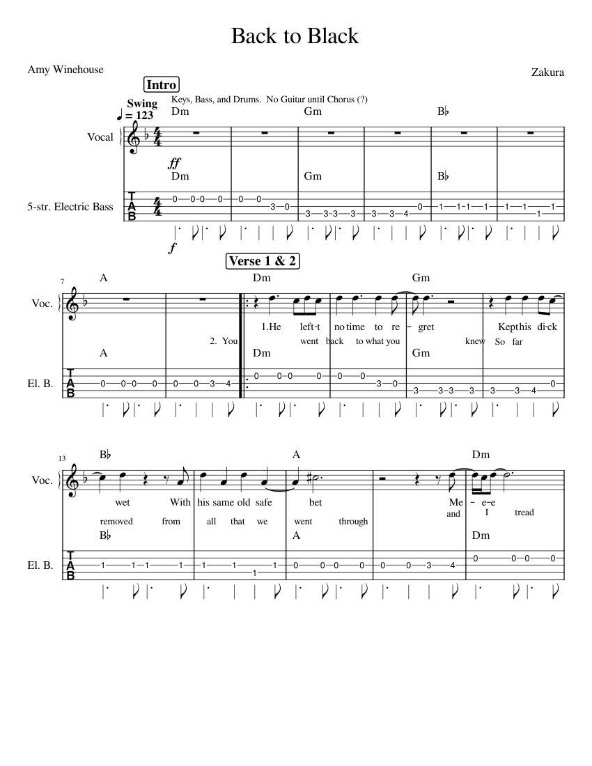 Back to Black Lead Sheet Sheet music for Piano, Bass guitar (Mixed Duet ...
