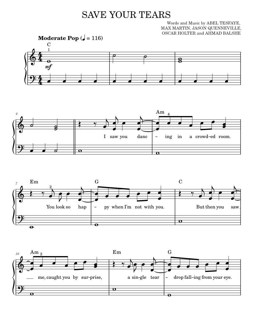 Play Official version of Save your tears sheet music by The Weeknd for ...