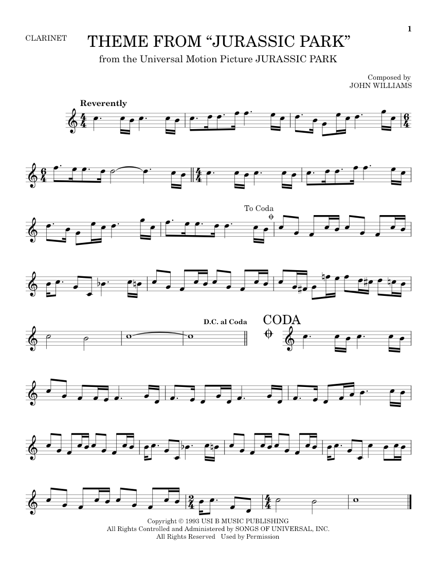 Play Official version of Jurassic park theme Sheet Music by John Williams for Clarinet other ...