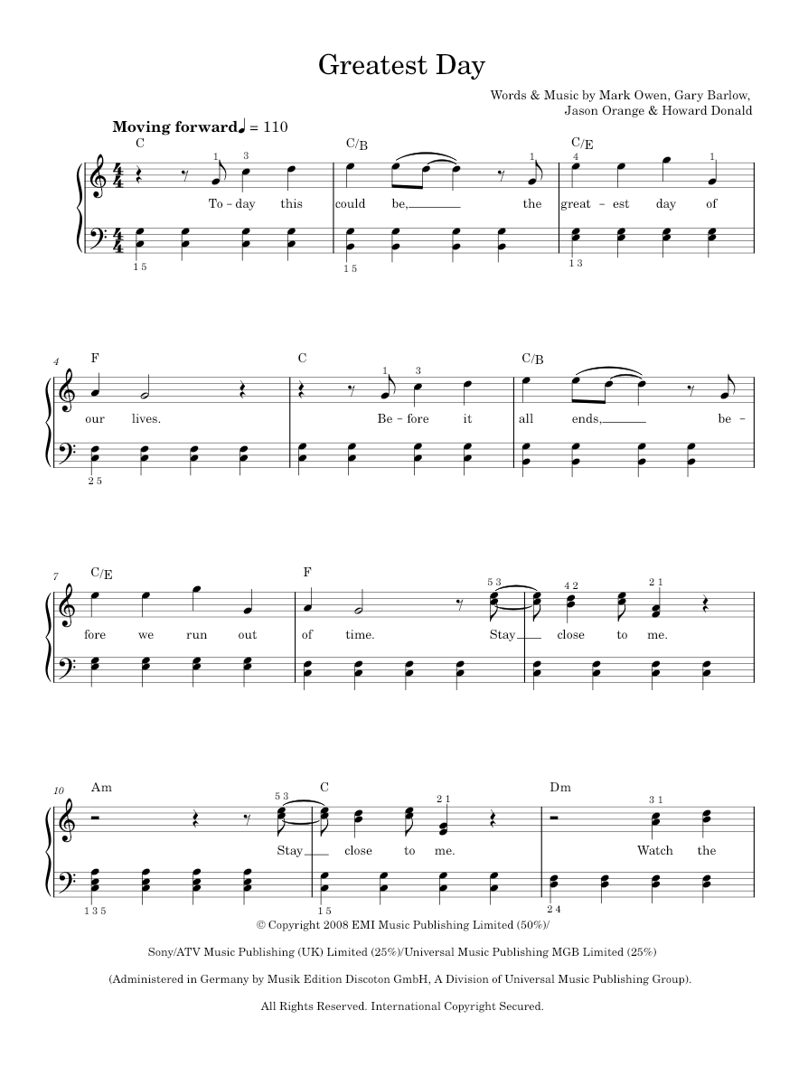 greatest day Sheet music for Piano: Music Notes