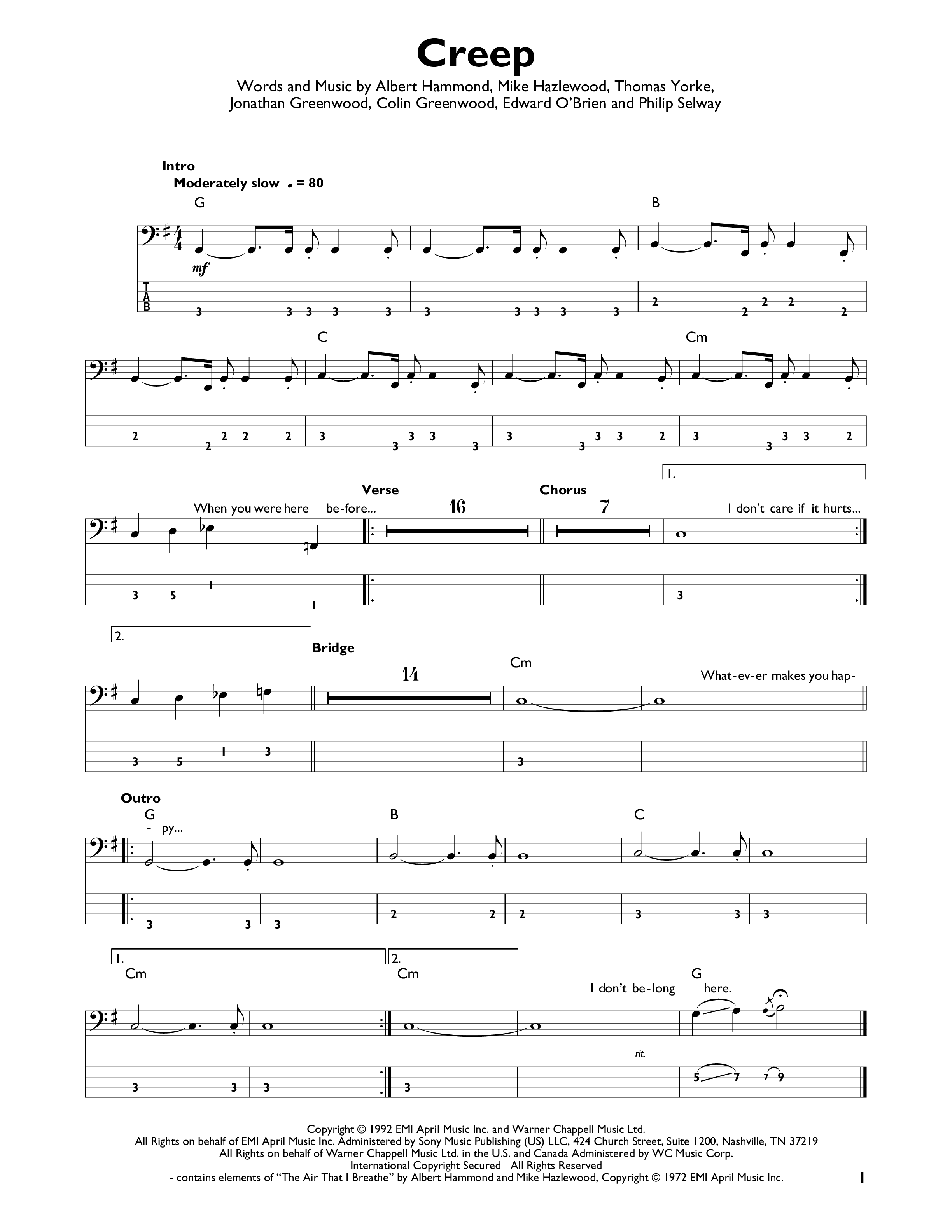 Play Official version of Creep Sheet Music by Radiohead for Bass guitar ...