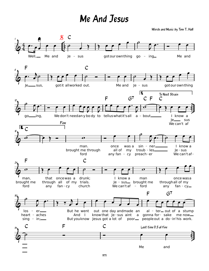 Me and jesus – Tom T. Hall Sheet Music with Chords for Piano (Solo ...