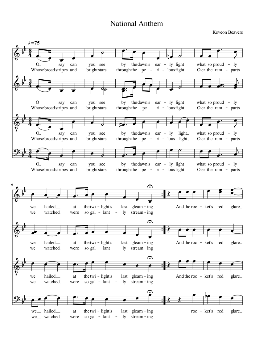 National Anthem Sheet music for Soprano, Alto, Tenor, Bass voice ...