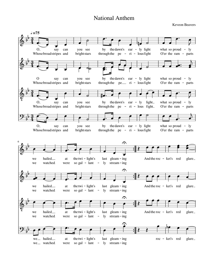 National Anthem Sheet music for Soprano, Alto, Tenor, Bass voice ...