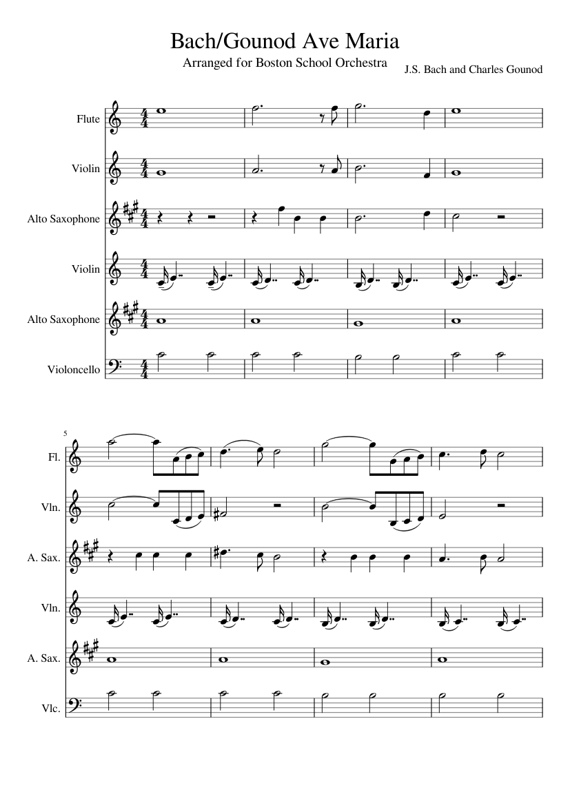 Bach Gounod Ave Maria Sheet Music for Flute, Saxophone alto, Violin ...
