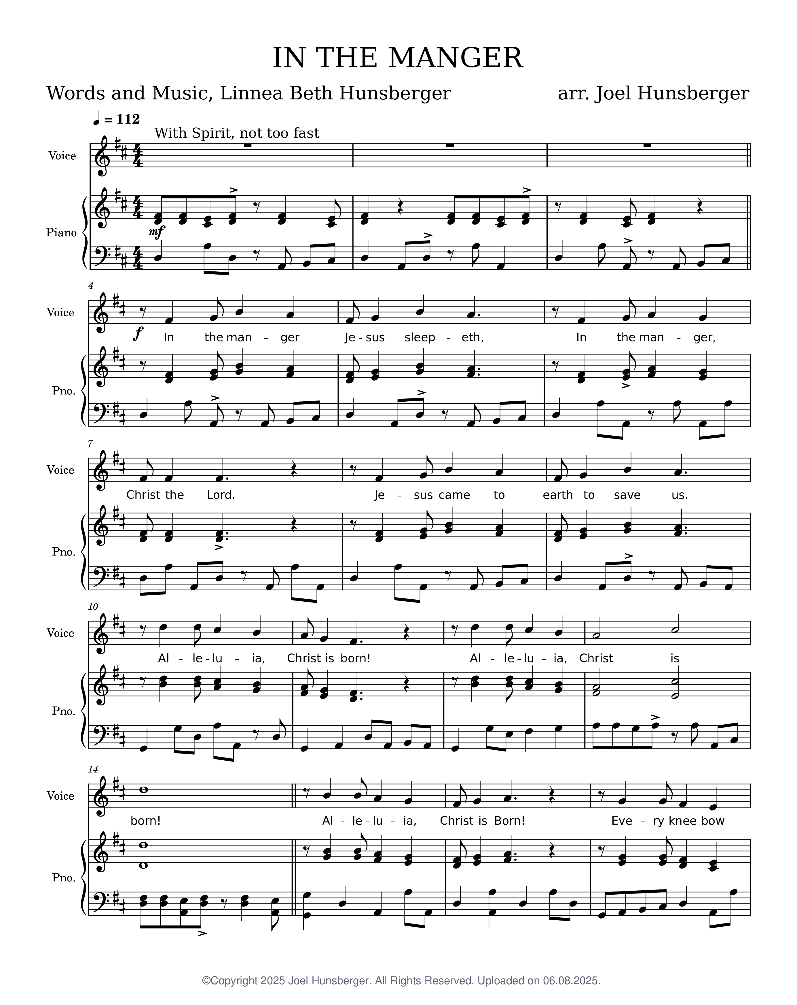 In The Manger (for Childrens Choir) - Linnea (Hunsberger) Bentzen Sheet ...