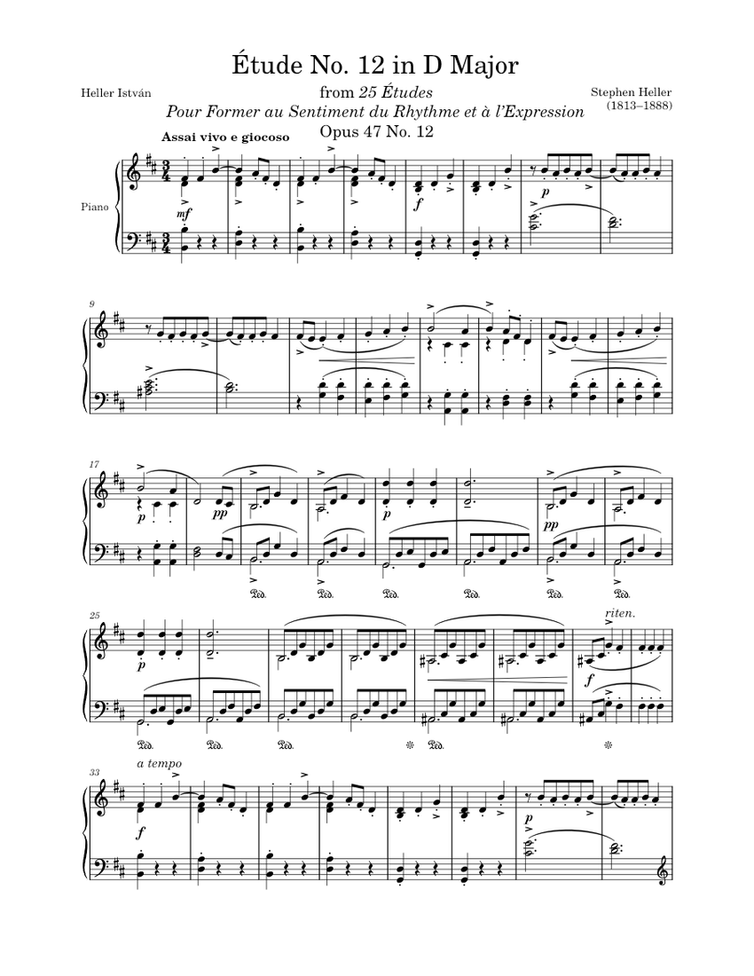 Étude Opus 47 No. 12 in D Major – Heller Sheet music for Piano (Solo ...