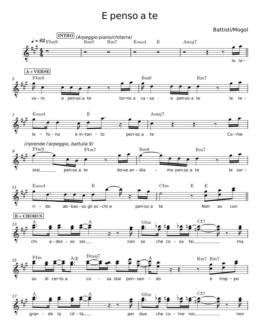 E penso a te - Lucio Battisti Sheet music for Guitar (Solo) | Musescore.com