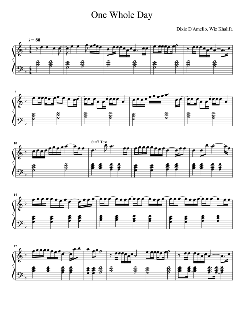 One Whole Day - Dixie D'Amelio, Wiz Khalifa - piano tutorial
