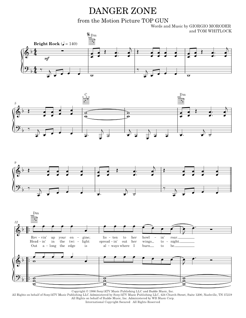 Play Official version of Danger zone Sheet Music by Kenny Loggins for ...