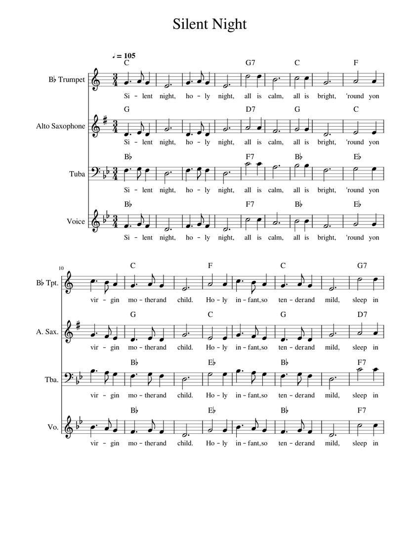 Silent Night - recording Sheet music for Tuba, Vocals, Saxophone alto ...