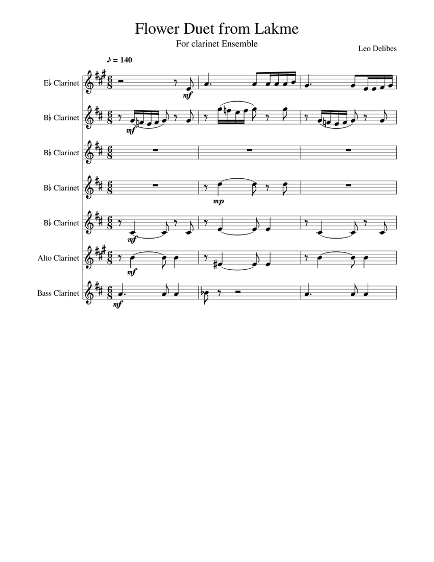 Flower Duet from Lakme Sheet music for Clarinet in e-flat, Clarinet in ...